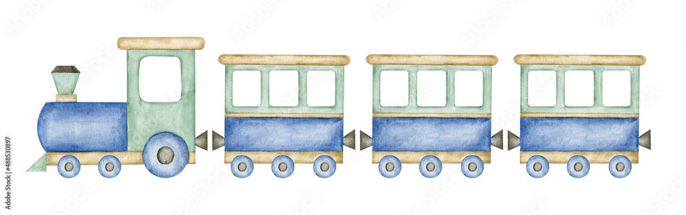 Wooden eco toy train with empty wagons. Watercolor hand drawn ...