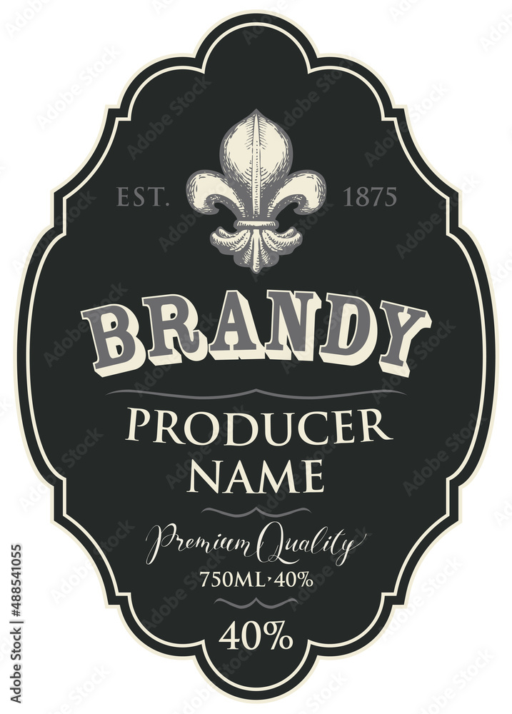 Vector label for Brandy with a hand-drawn fleur de lis on a black ...