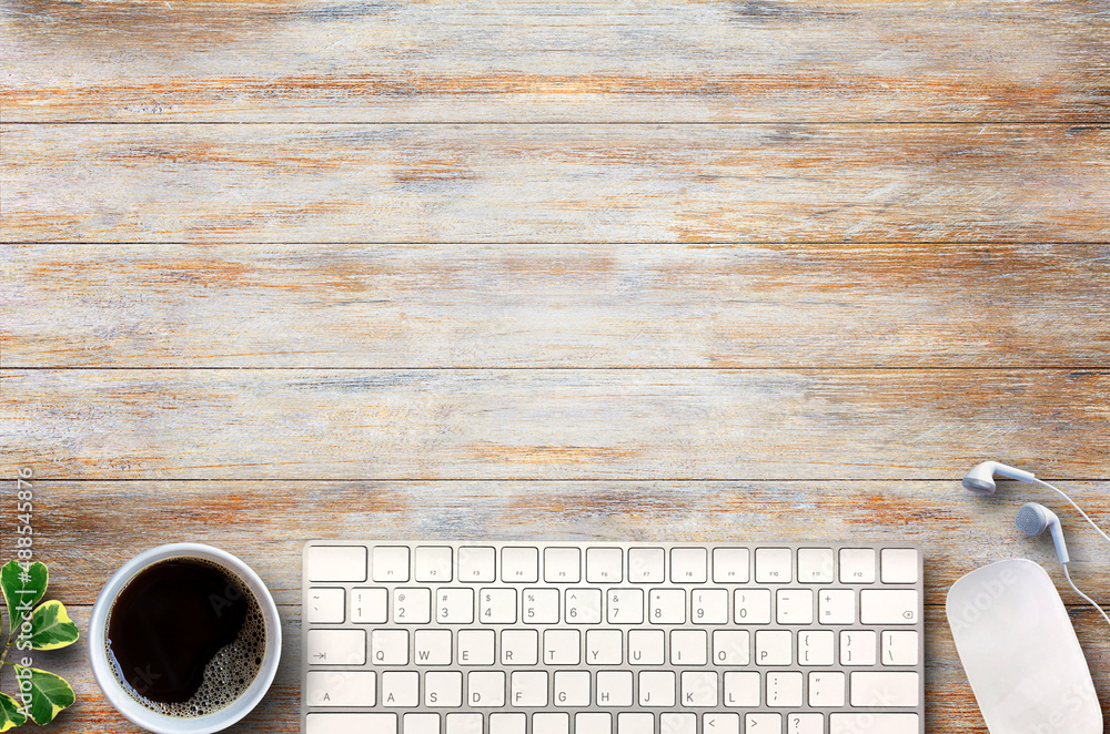Top view office desk table with supplies on blue background. Stock ...