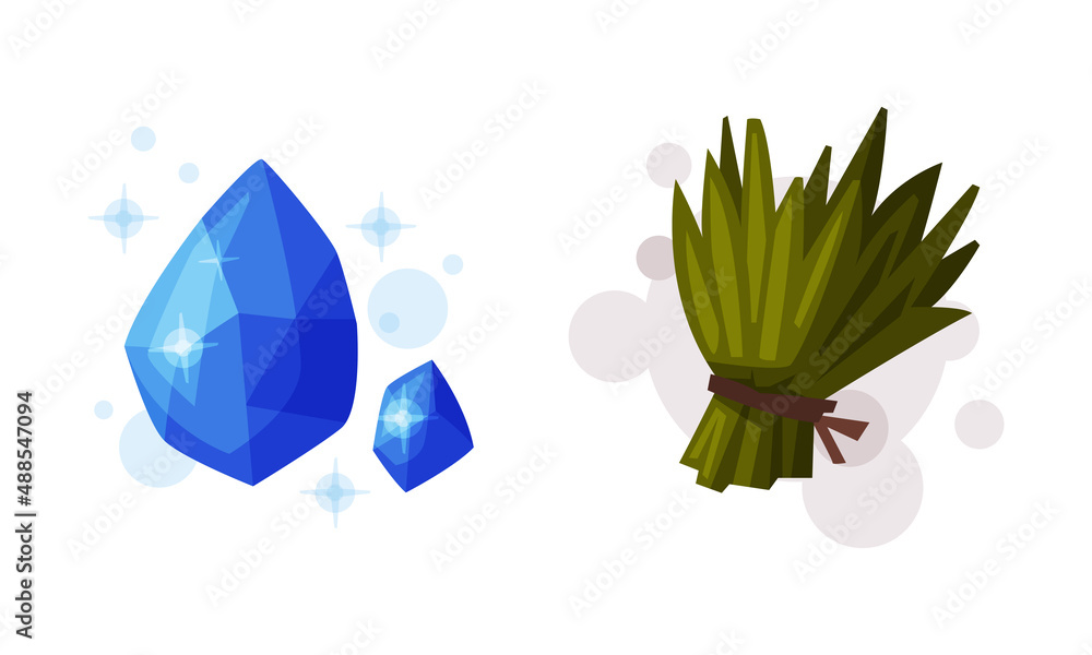 Magical herbs and mysterious stones, witchcraft attributes cartoon ...