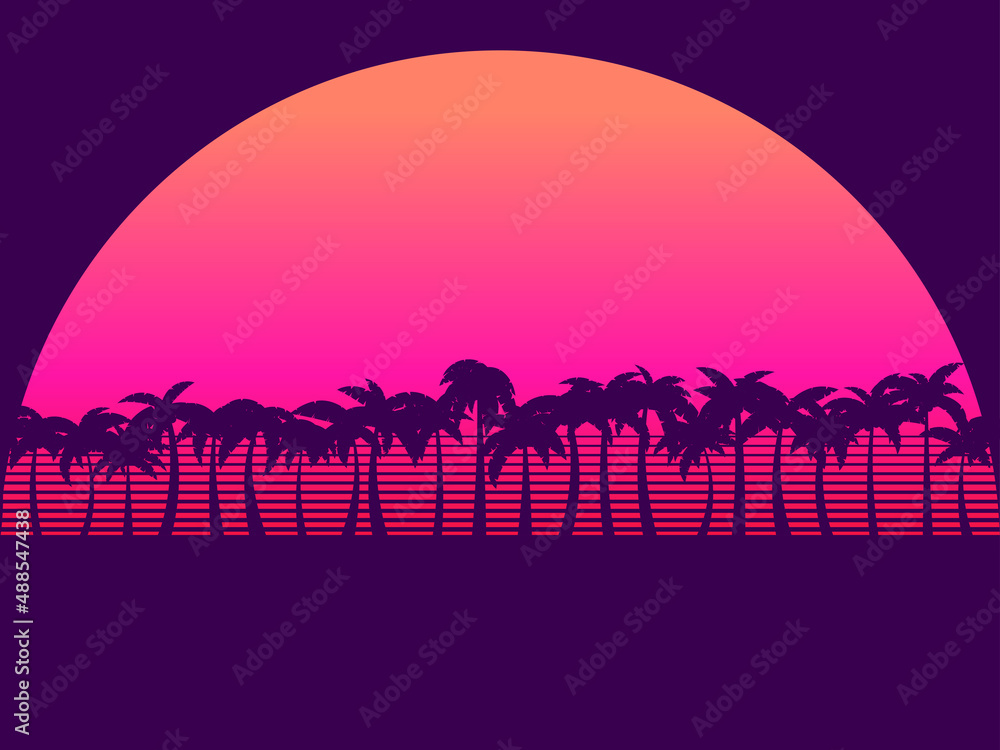 Tropical landscape with palm trees and sunset in 80s style. Summer time ...