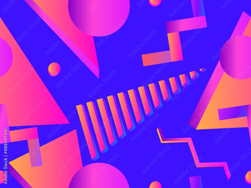 Seamless pattern with 3d geometric shapes in the style of the 80s ...