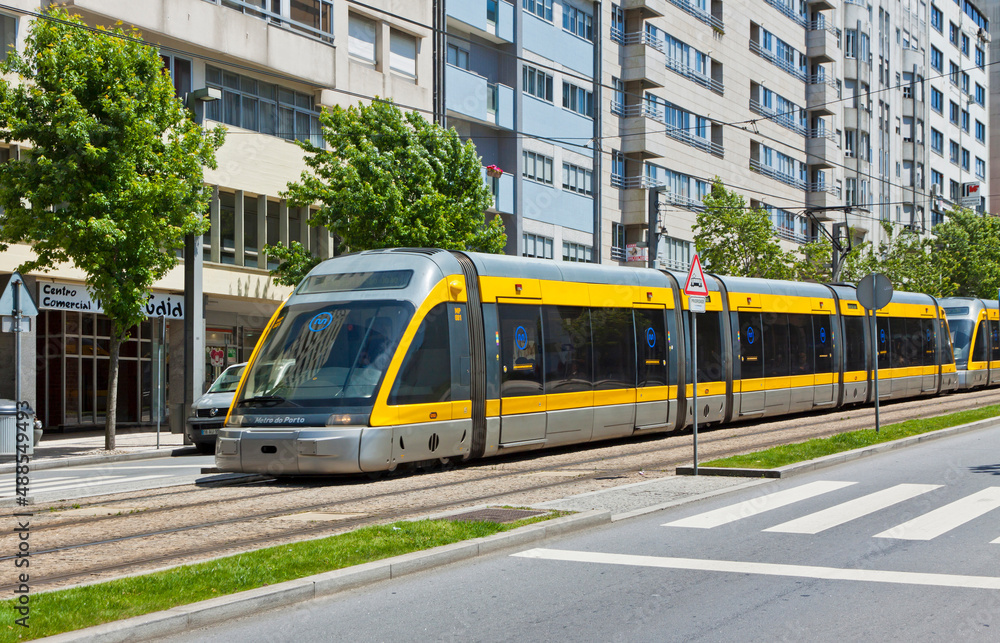 Light rail train of Metro do Porto, part of the public transport system ...