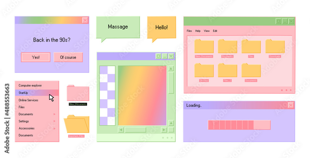 Set of user interface elements. Retro computer 90s concept. Windows ...