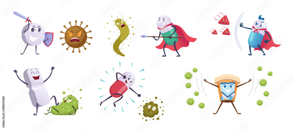 Antibiotic fight characters. Virus funny symbols healthy protection ...