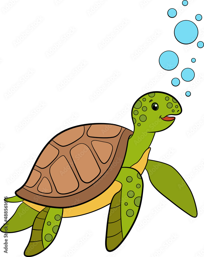 Cartoon marine animals. Cute sea turtle swims underwater and smiles ...