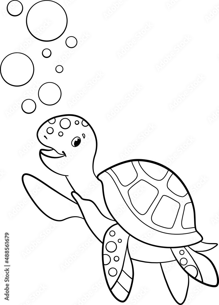 Coloring page. Cute little baby sea turtle swims and smiles underwater ...