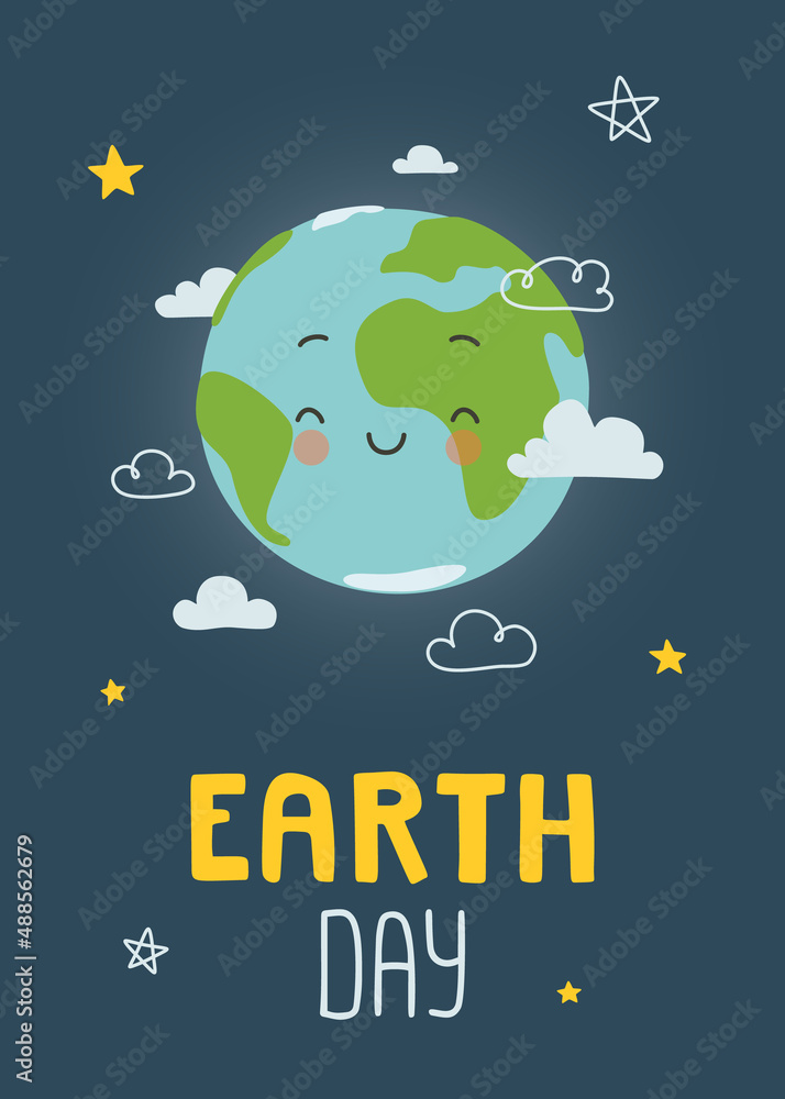 Earth day ecology education poster for kids. Smiling cute earth planet ...
