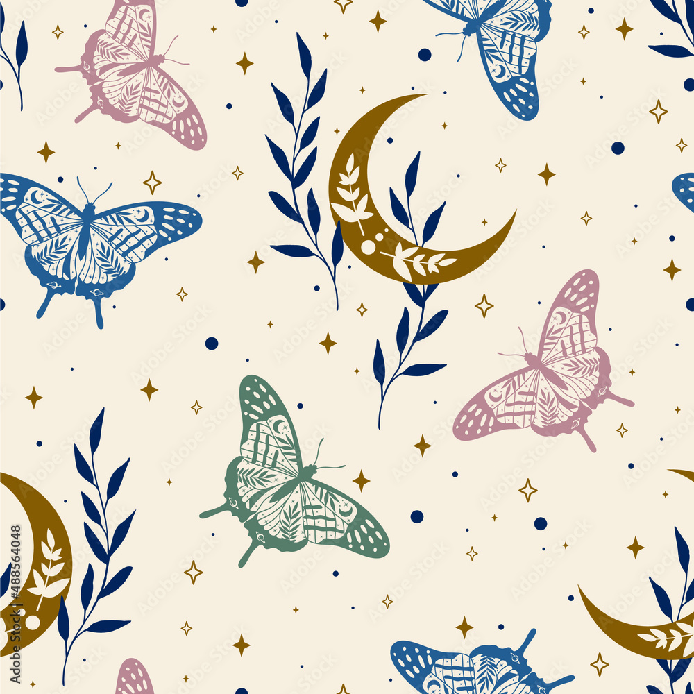 Elegant celestial seamless pattern with herbs. Boho magic background ...