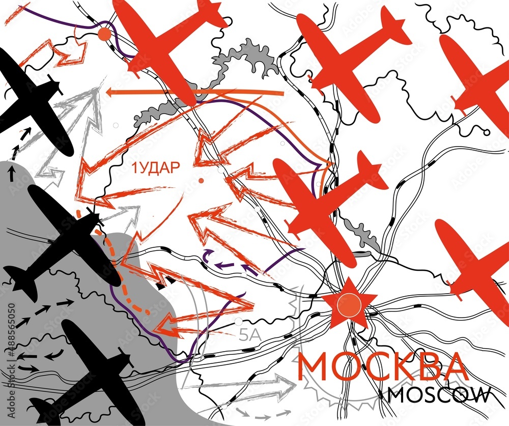 Map of the offensive of the Soviet Red Army and planes flying to the ...