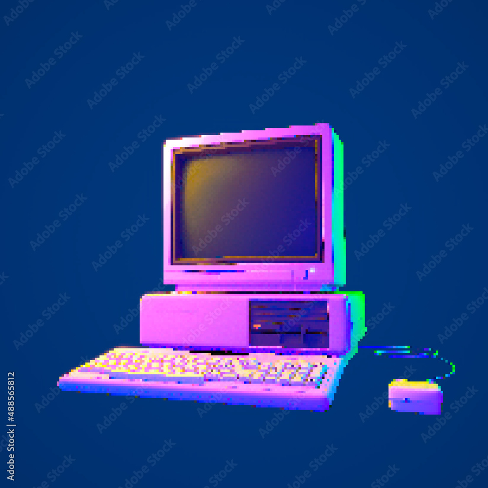 Desktop Retro PC in Pixel Art Style with a Blank Screen in Magenta ...