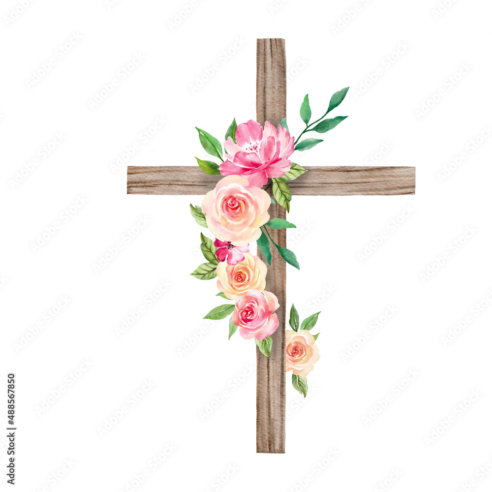 Watercolor easter cross with floral decoration Stock Illustration ...