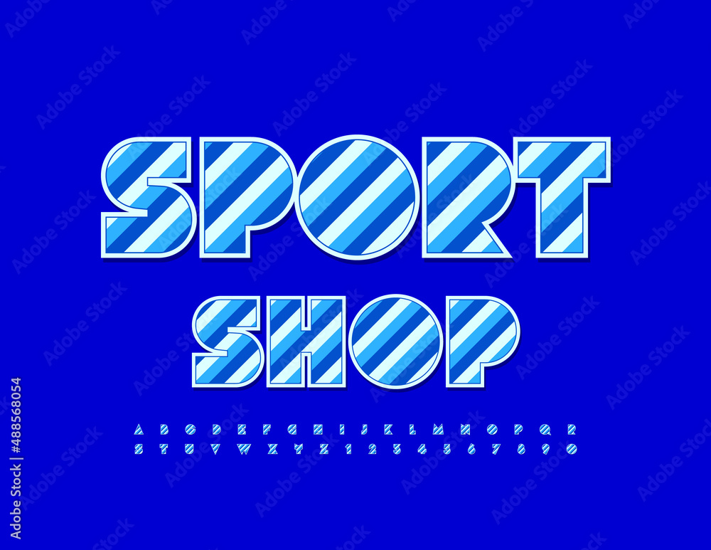 Vector modern sign Sport Shop. Blue striped Font. Line pattern Alphabet ...