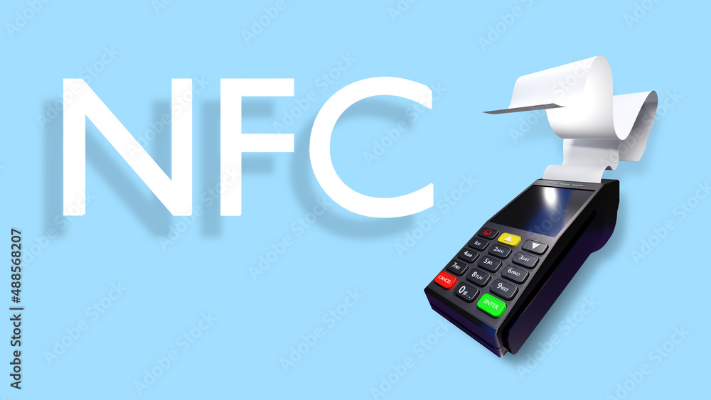 NFC technology. NFC logo next to bank terminal. POS terminal on blue ...