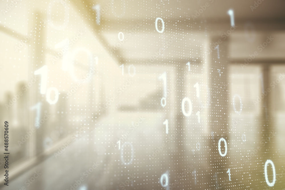 Abstract virtual binary code hologram on abstract empty interior ...