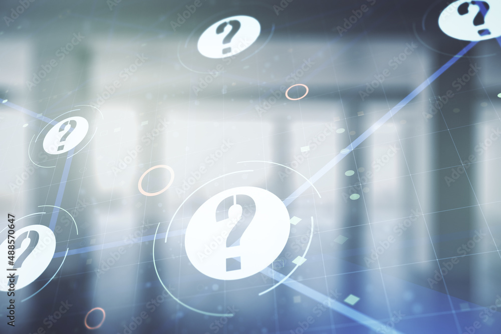 Abstract virtual question mark illustration on empty corporate office ...
