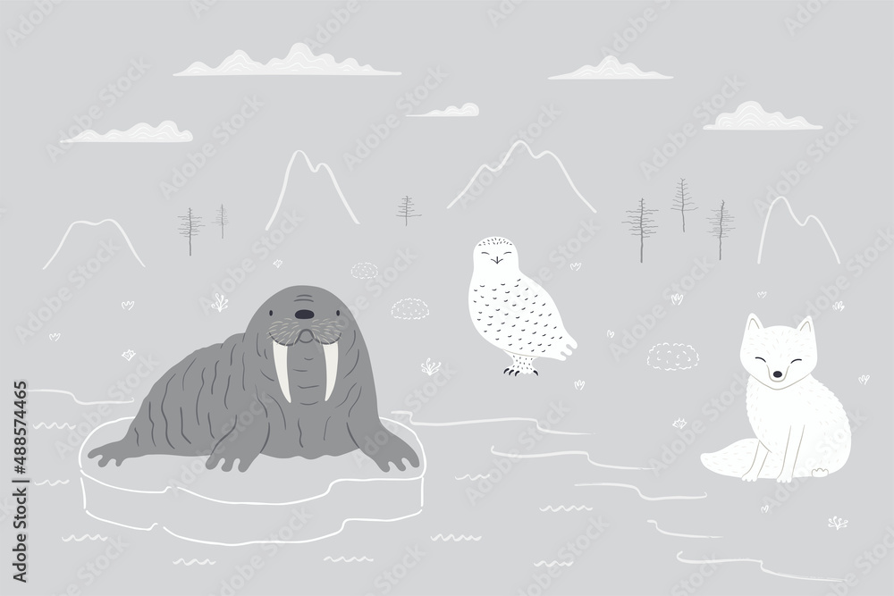 Cute Arctic animals, fox, snowy owl, walrus, northern landscape ...