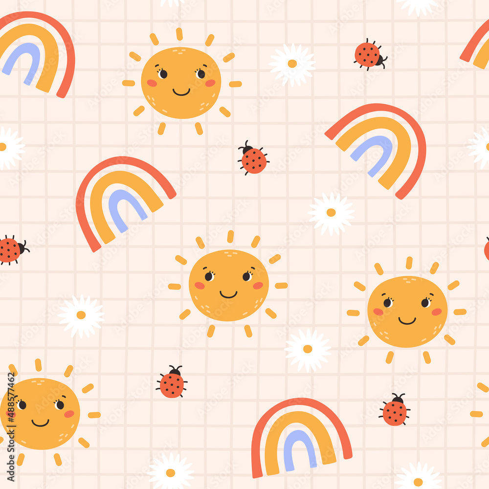 Cute childish seamless pattern with smiling sun, rainbow, ladybug and ...