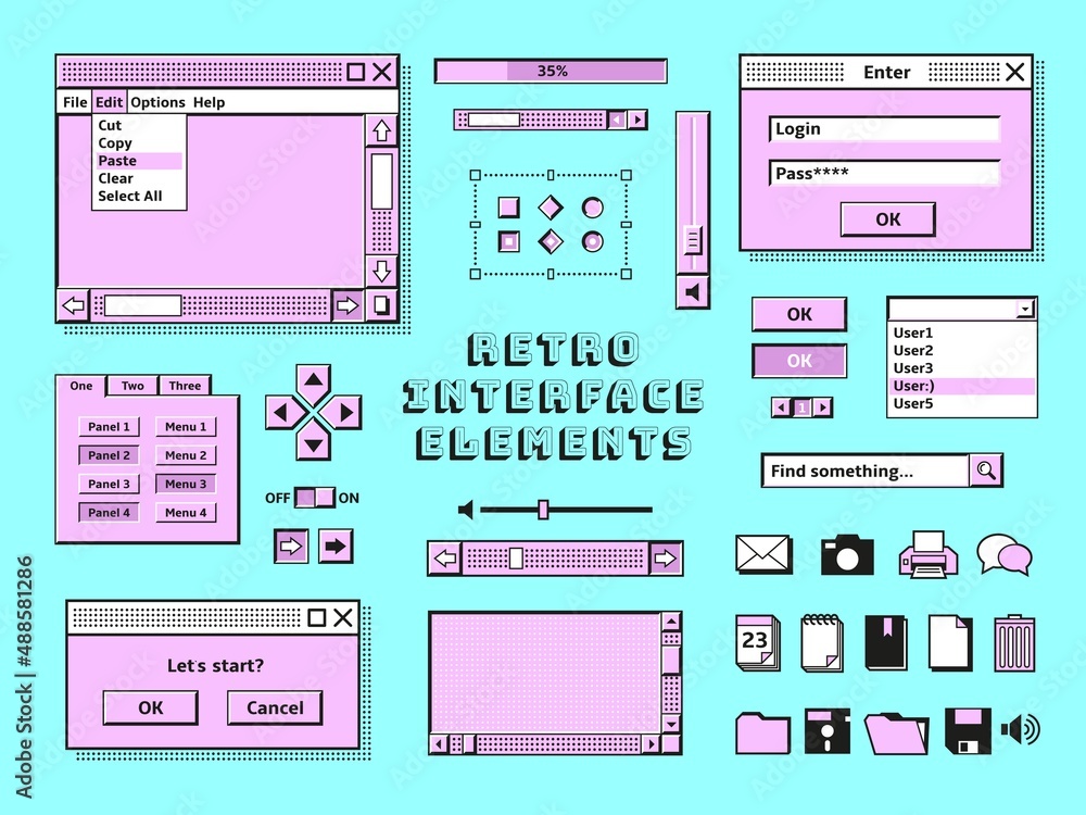 Retro interface elements. 90s vintage pc bars, message in old computer ...