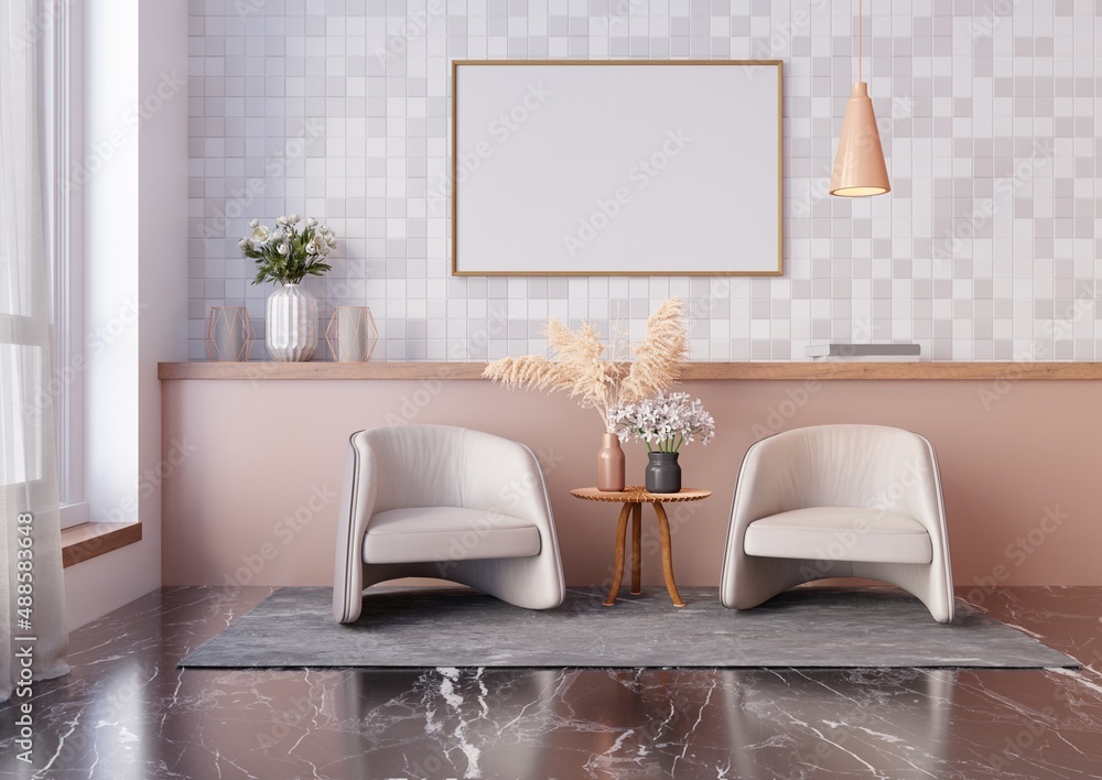 Rectangle wooden frame template in home interior with set chair, and ...