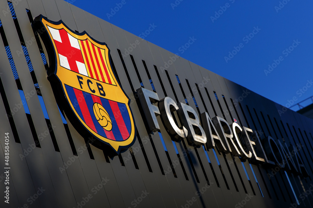 Barcelona, Spain - January 26, 2022: - FC Barcelona logo on exterior of ...