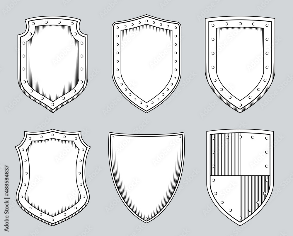 Graphic Art Line Drawing of Shields. Black and White Outline Shields of ...
