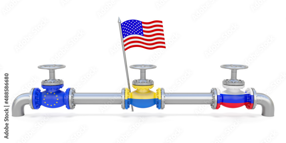 American flag near pipeline and valves with flags of Russia, Ukraine ...