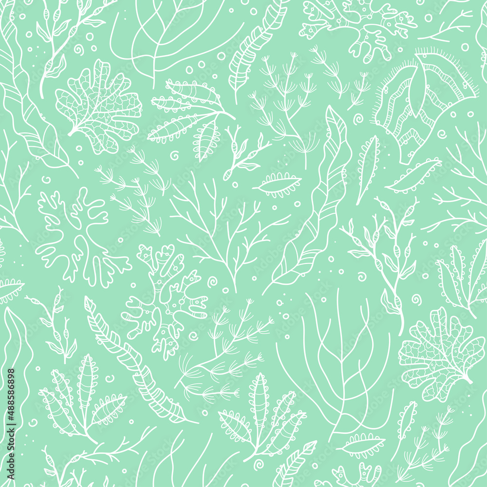 Cute seaweed seamless pattern, hand drawn underwater background, great ...