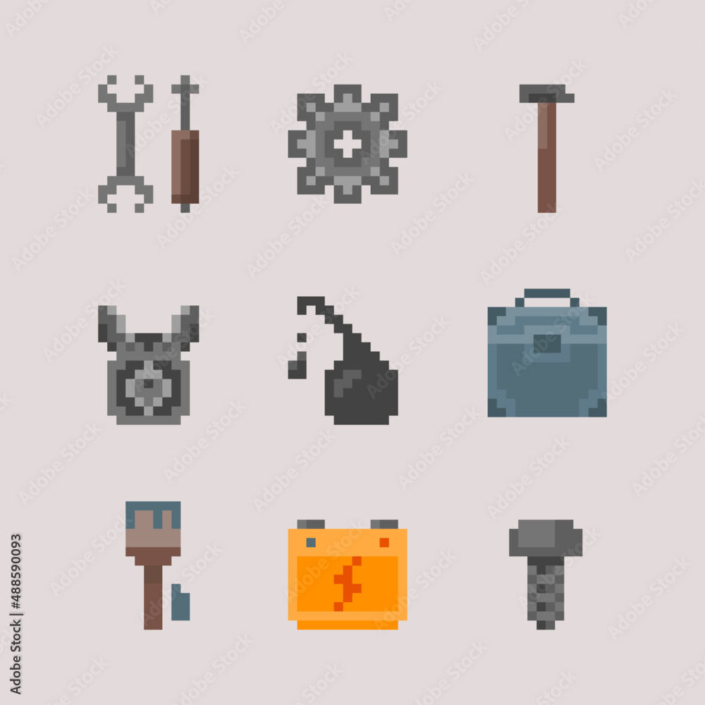 Icon set on mechanic theme. Collection of pixel art graphic Stock ...