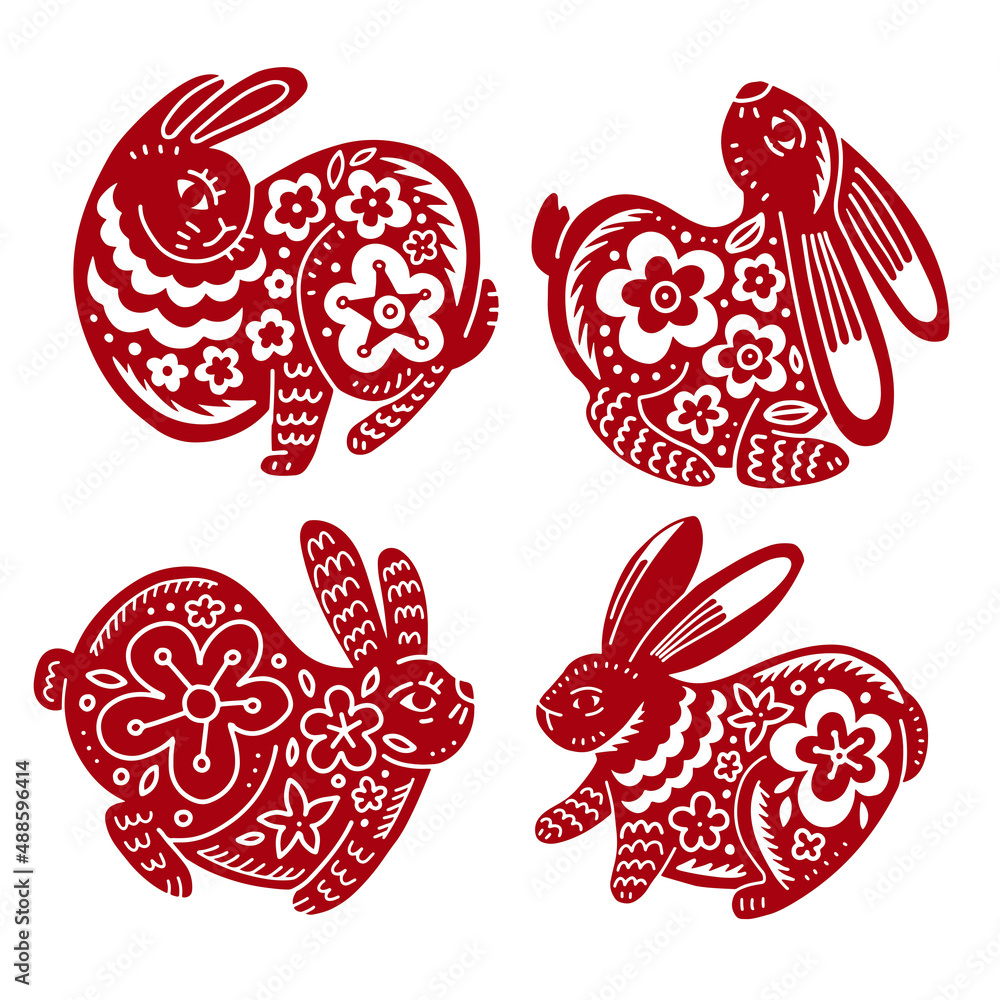4 red Hares - Chinese zodiac symbol. Set of rabbits in different ...