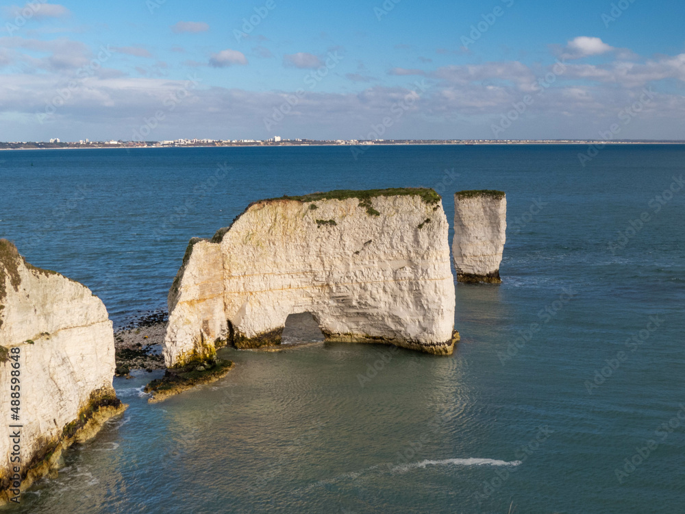 Old Harry Rocks standing tall on Handfast Point at the southern end of ...