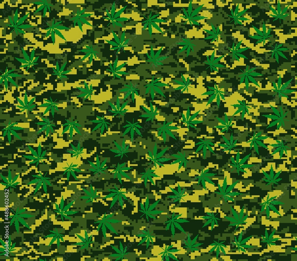 Camouflage pattern with cannabis leaves vector pixel trendy texture for ...