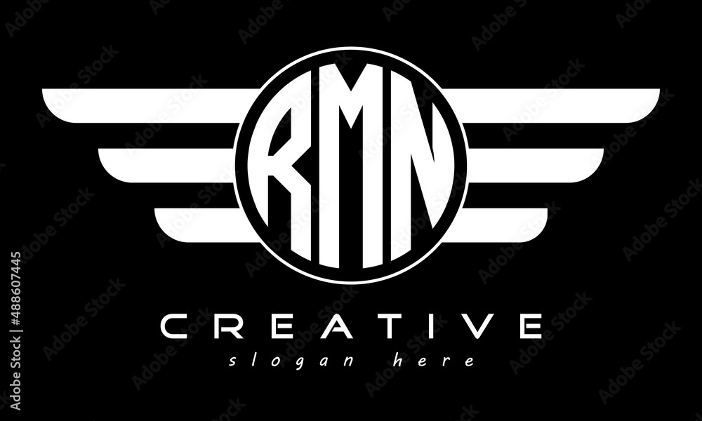 RMN three letter monogram type circle letter logo with wings vector ...