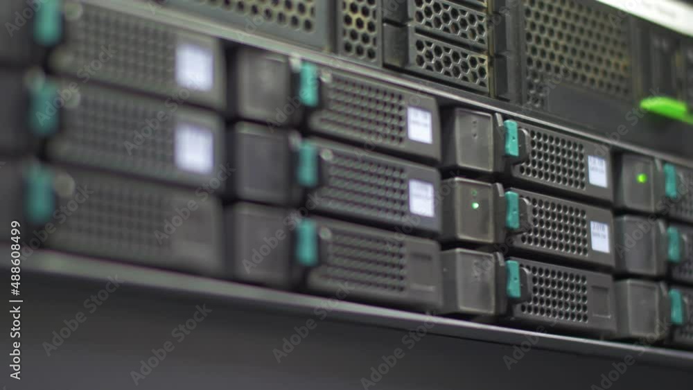 Flashing lights. Server in rack in large data centre. Rack mounted ...