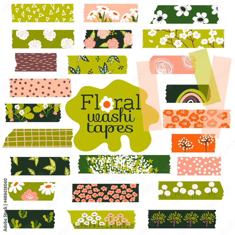 Floral Washi tapes with leaves, flowers, herbs and dots. Vector set ...