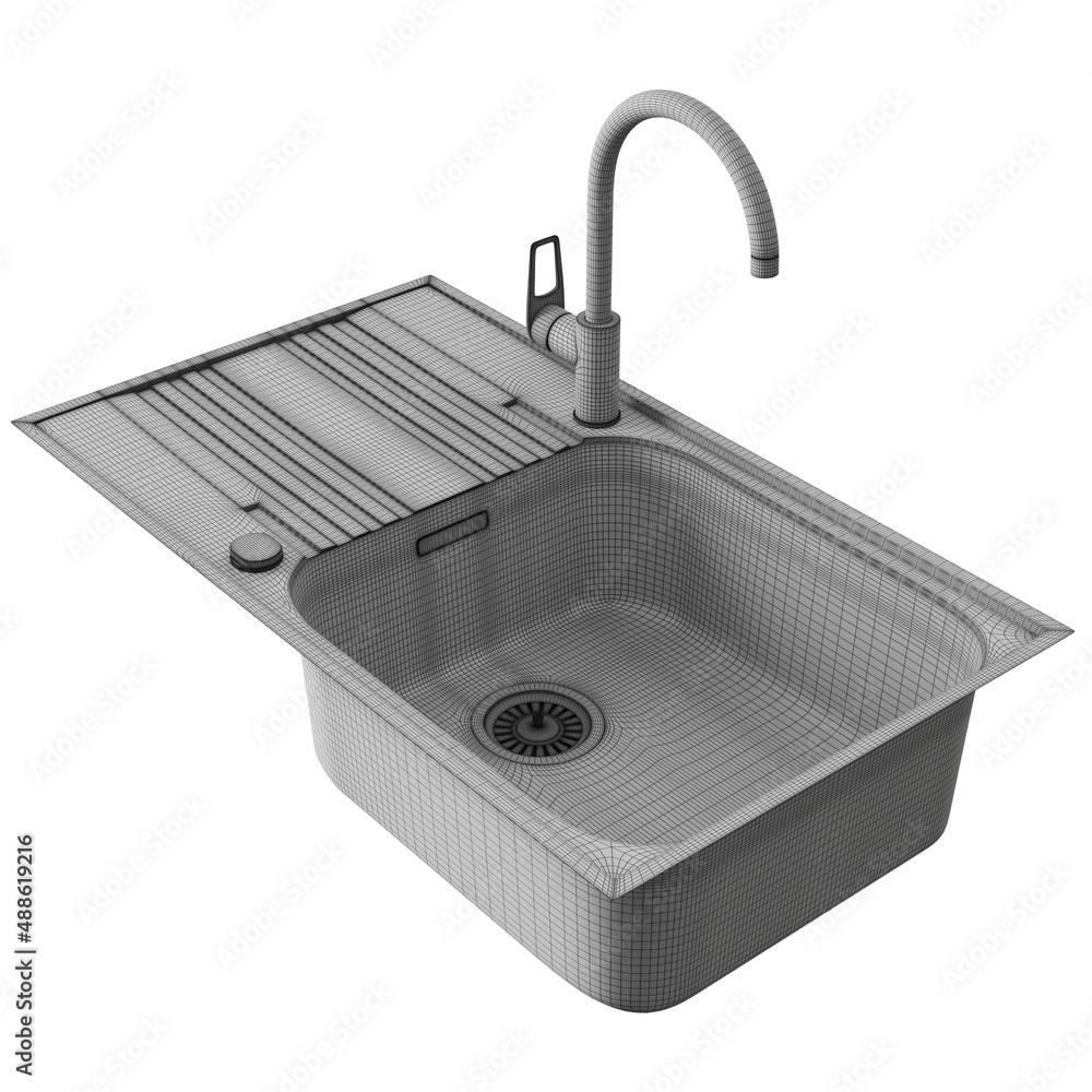 3D model kitchen sink with mesh faucet. Rendering of a 3D model of a ...