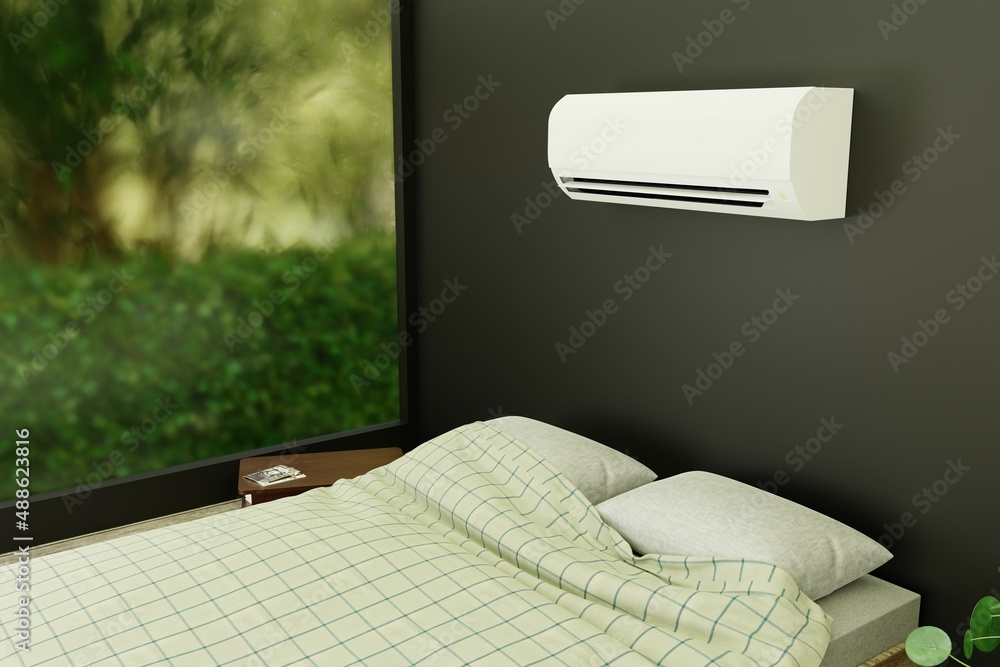 room with black walls bed and air conditioning side view 3d render ...
