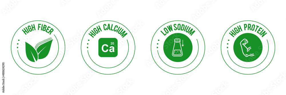 high fiber, high calcium, low sodium, high protein icon set vector ...