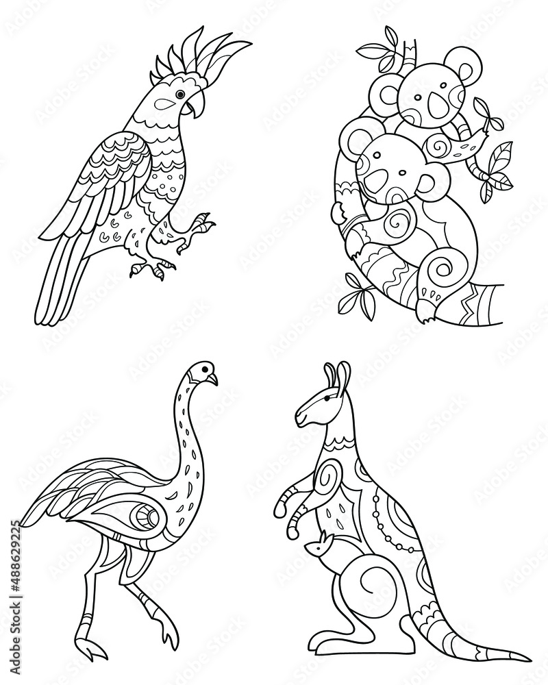 Australian Animals Coloring Page. Kangaroo, koala, cockatoo, emu Stock ...
