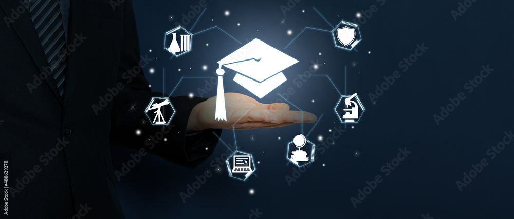 Businessman hand show education insurance icon design isolated on dark ...