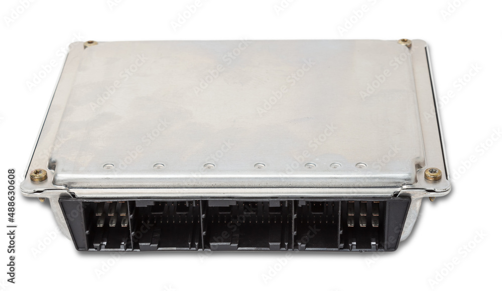 Plastic car engine control unit with metal elements on a white isolated ...