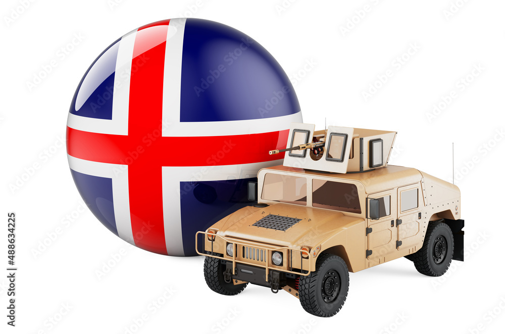 Military truck with Icelandic flag. Combat defense of Iceland, concept ...