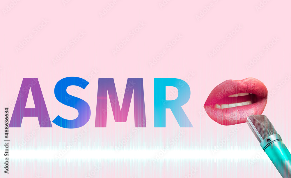 ASMR concept. Woman lips whispering to microphone making asmr sounds ...