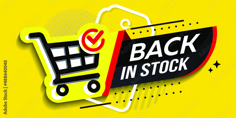 Back in stock, bright vector illustration with shopping trolley and ...