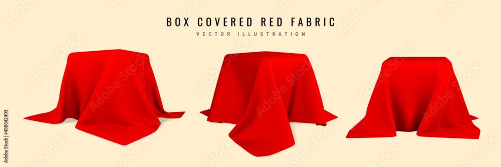 Square box covered with realistic red silk fabric isolated on light ...