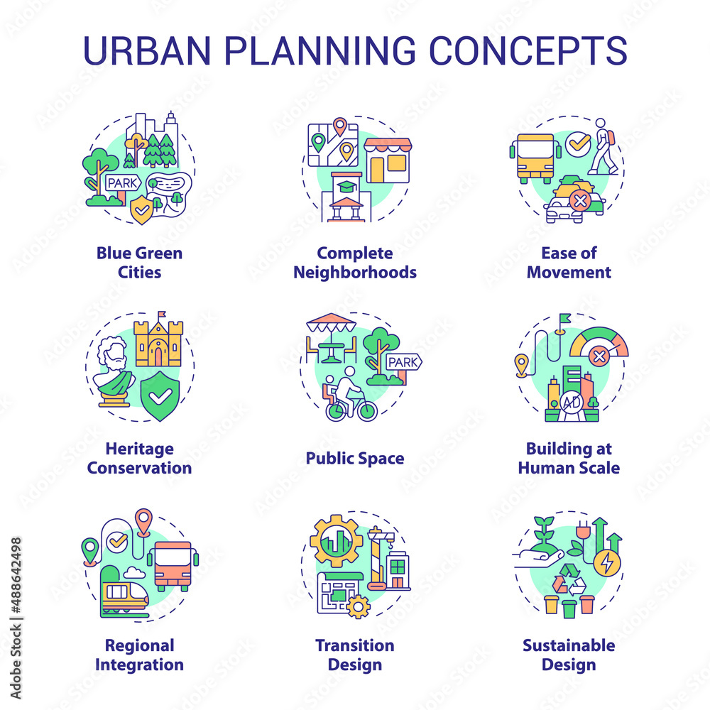 Urban planning concept icons set. City environment regulation. Town ...