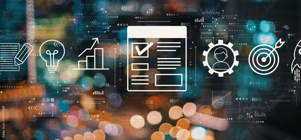 Project management theme with blurred city abstract lights background ...