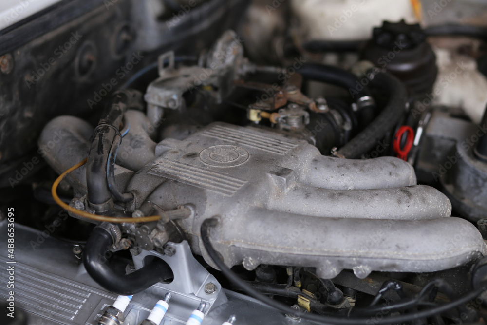 Aluminum intake manifold of an old BMW M20B20 engine. Stock Photo ...