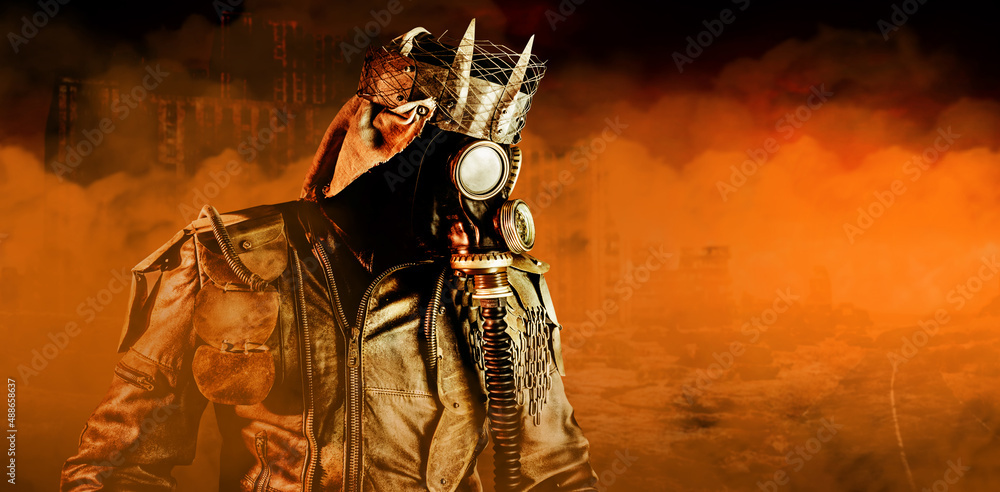 Poster Photo of post apocalyptic warrior with armored outfit jacket ...