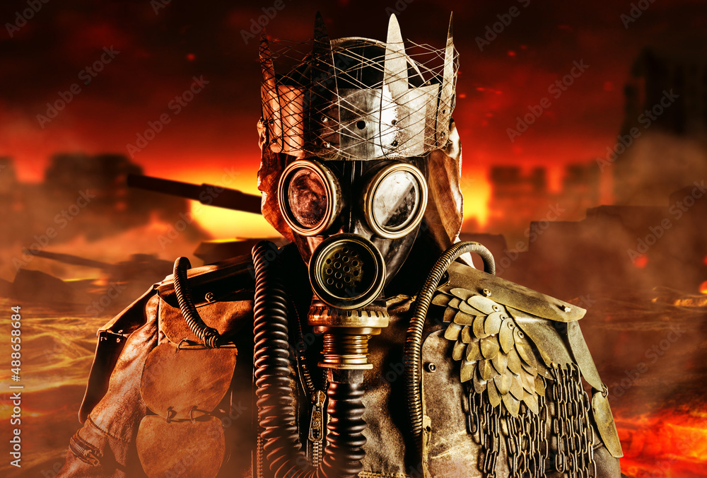 Photo of post apocalyptic warrior with armored outfit jacket and scrap ...